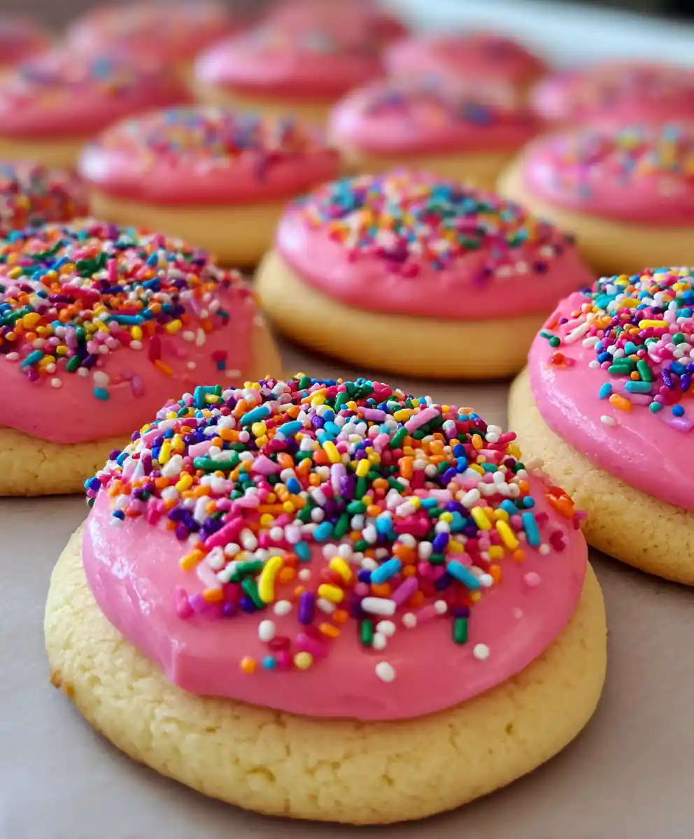 Lofthouse Cookies Recipe With Pink Frosting And Sprinkles