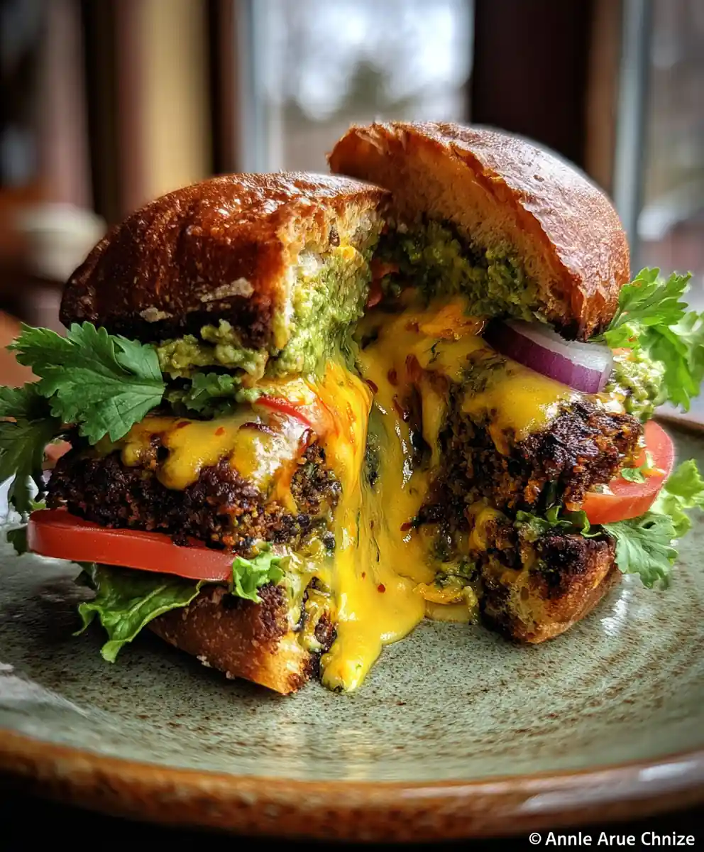 black bean burger recipe vegan with a Fiery Green Chili "Cheese" Core