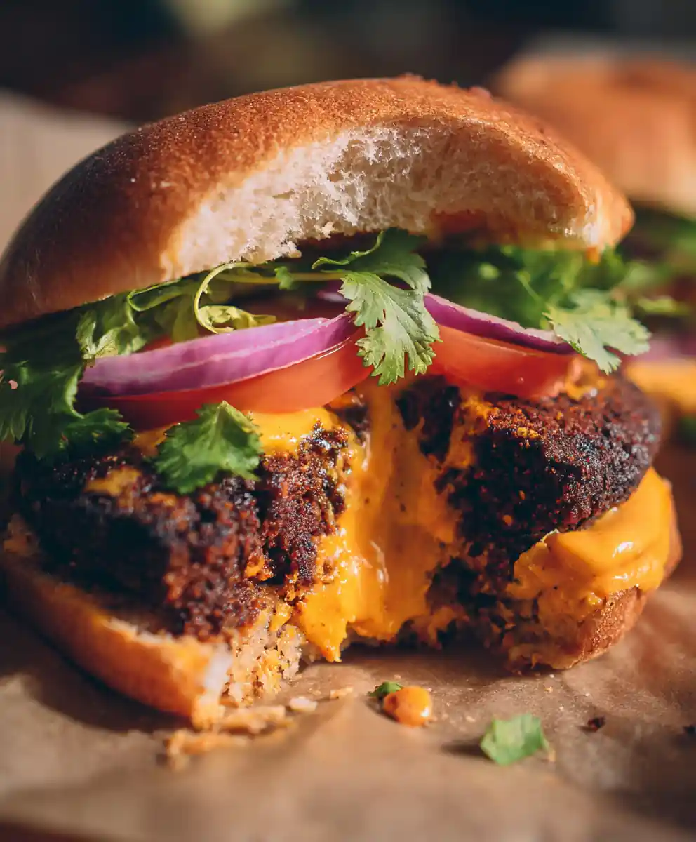 black bean burger recipe with Molten Chipotle Cream Cheese Center