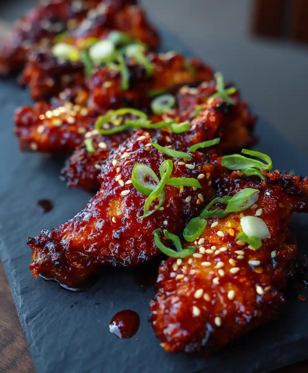 crispy wings recipe with Fiery Gochujang Honey Glaze and Toasted Sesame
