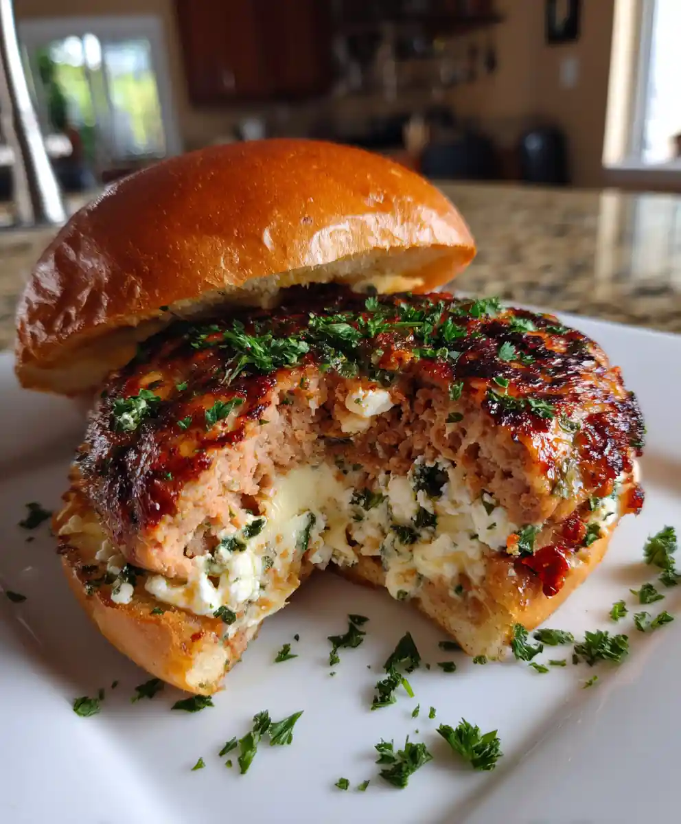 juicy turkey burger recipe with a Spicy Feta and Sun-Dried Tomato Melt