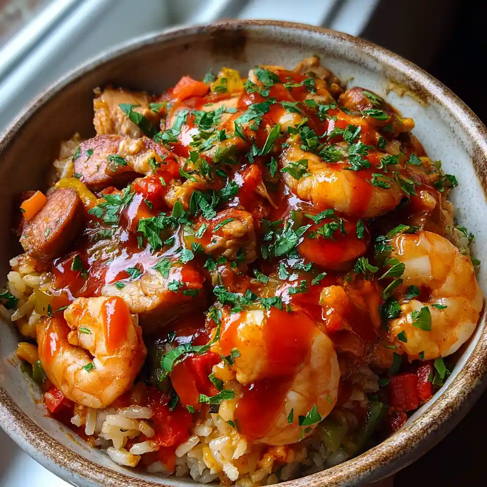 slow cooker jambalaya recipe with Roasted Red Pepper and Chipotle Drizzle