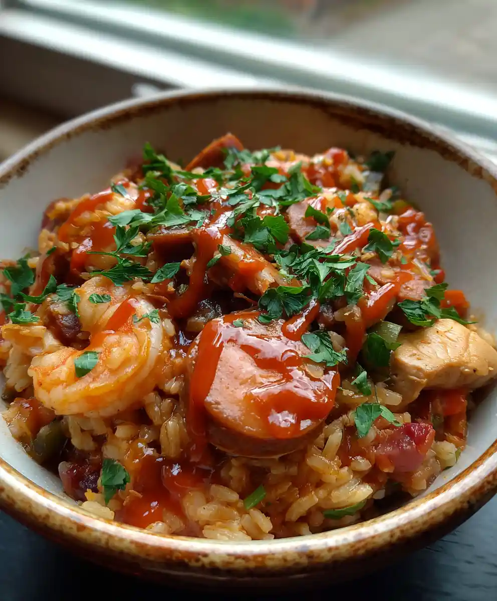 slow cooker jambalaya recipe with Roasted Red Pepper and Chipotle Drizzle