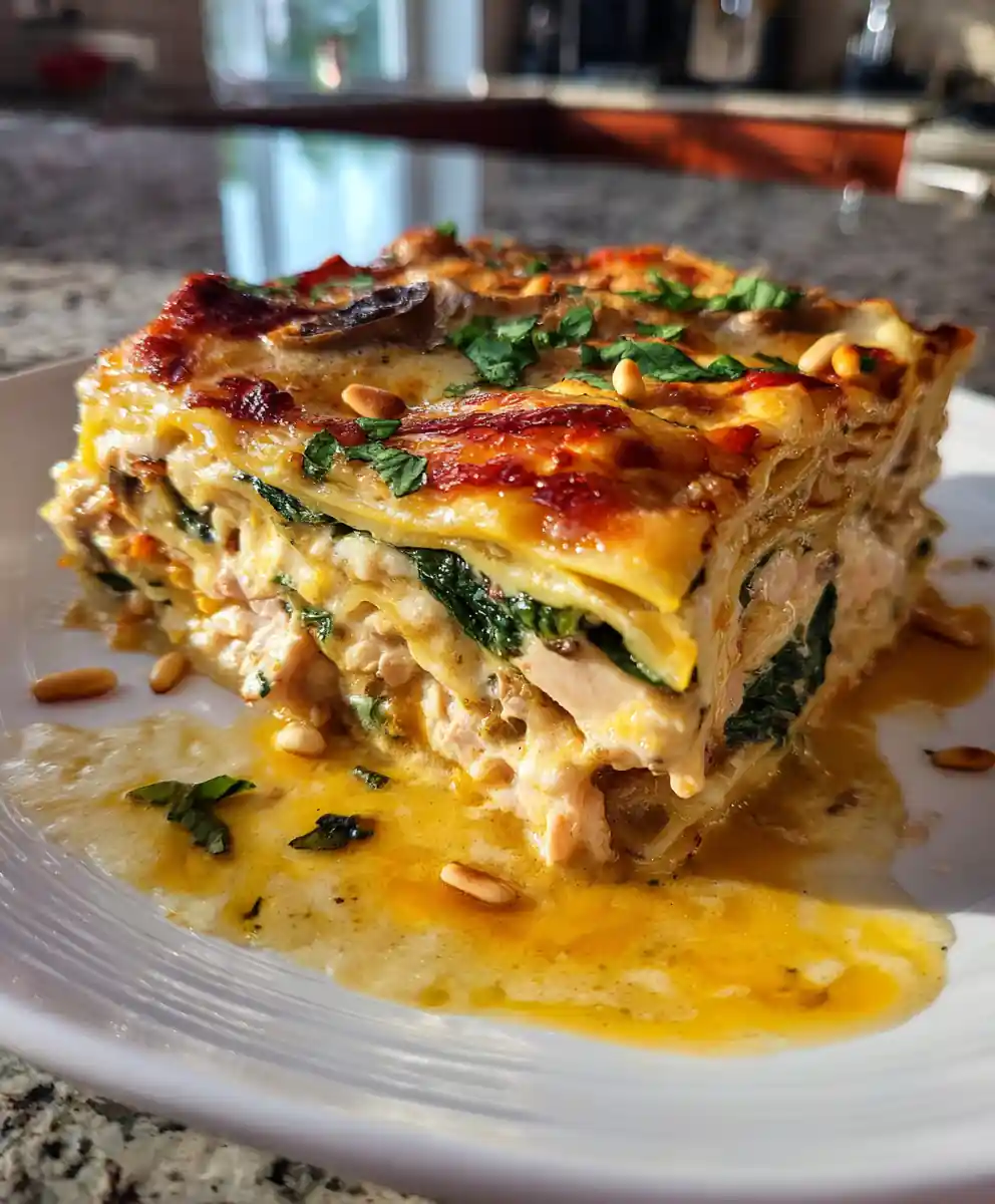 Chicken Mushroom Spinach Lasagna with Roasted Red Pepper Béchamel
