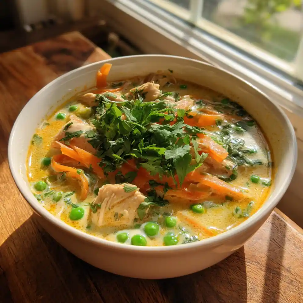 Creamy Coconut Lime Chicken Veggie Soup with Herb Swirl