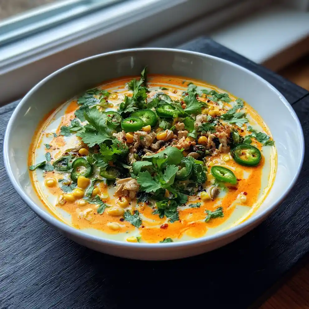 Jalapeno Popper Chicken Soup with Roasted Poblano Cream Swirl