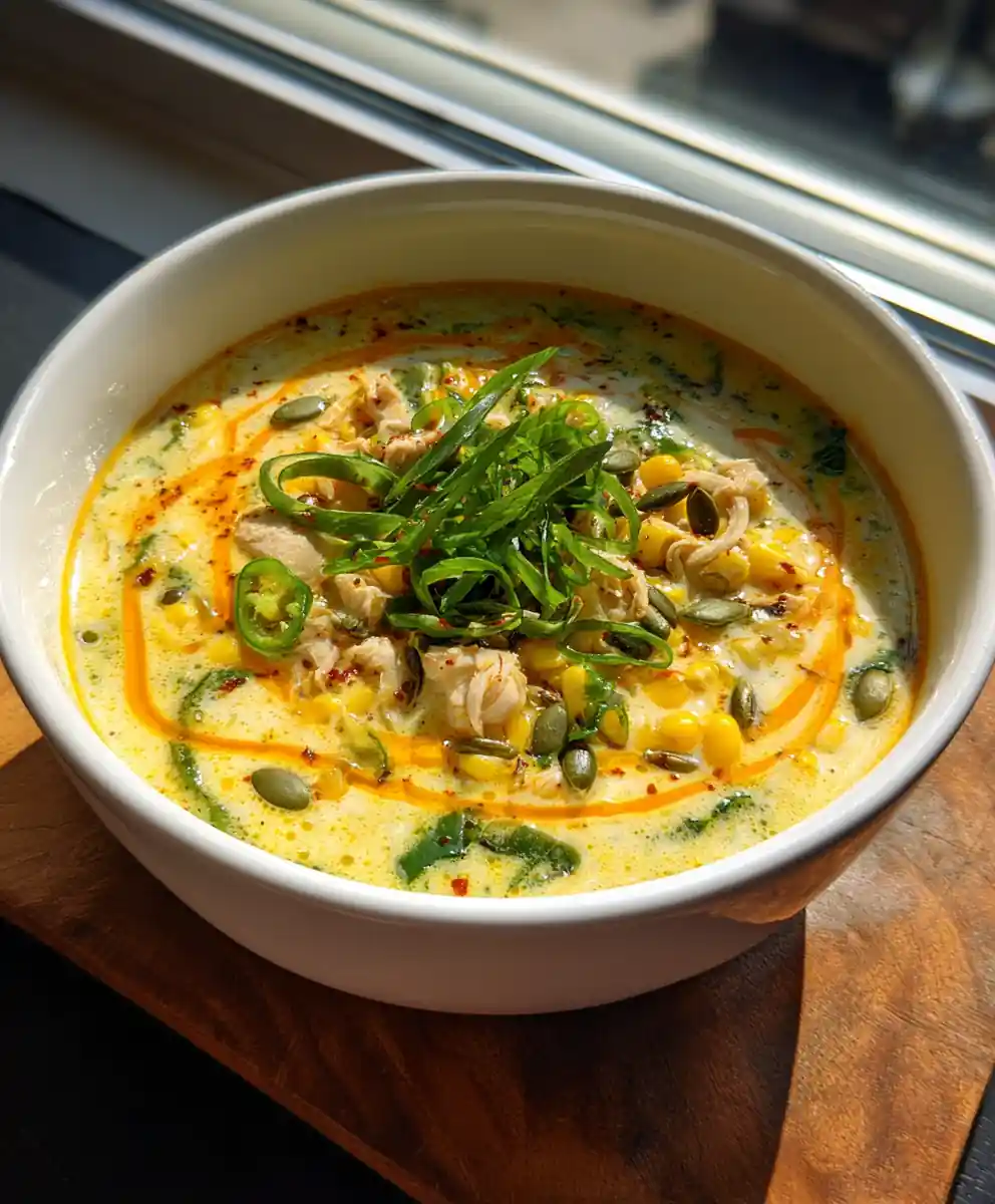 Jalapeno Popper Chicken Soup with Roasted Poblano Cream Swirl