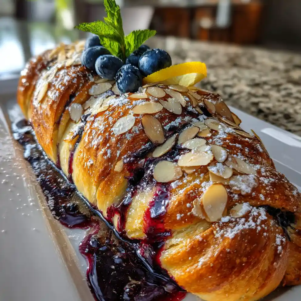 Lemon Zested Blueberry Cream Cheese Pastry Braid with Almond Crumble