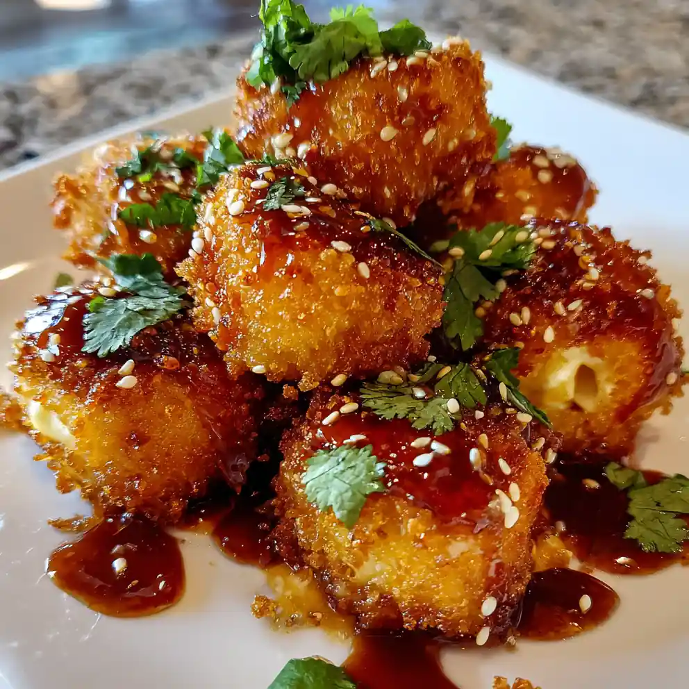 Miso Caramel Fried Cheese Bites with Sesame Seed Crust