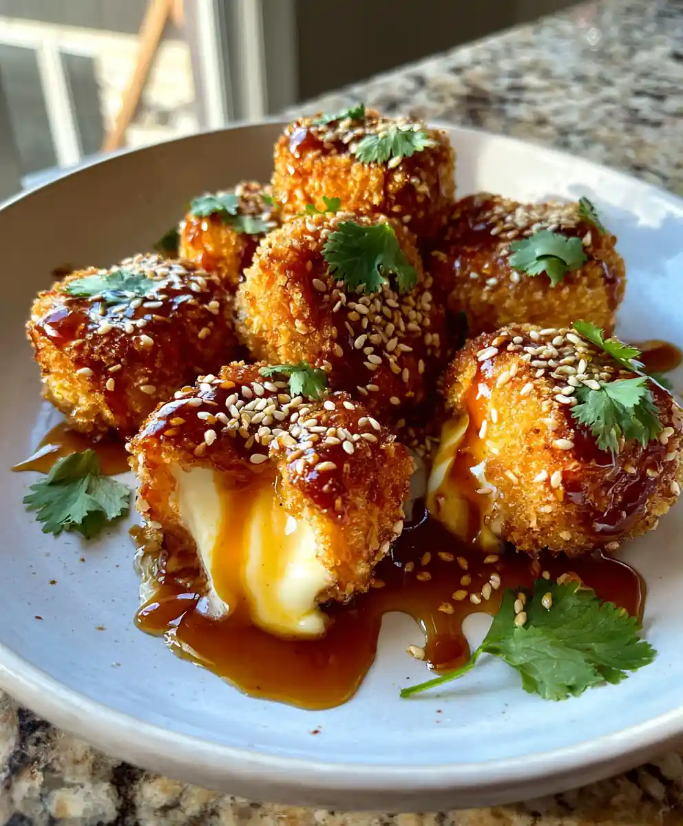 Miso Caramel Fried Cheese Bites with Sesame Seed Crust