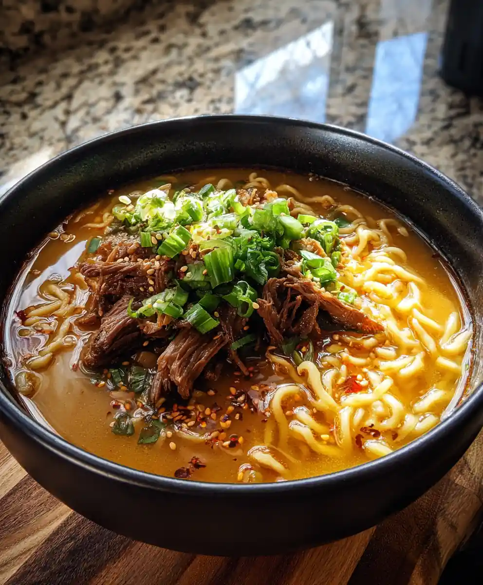 Slow Cooker Beef Ramen with Roasted Garlic Miso Butter Swirl